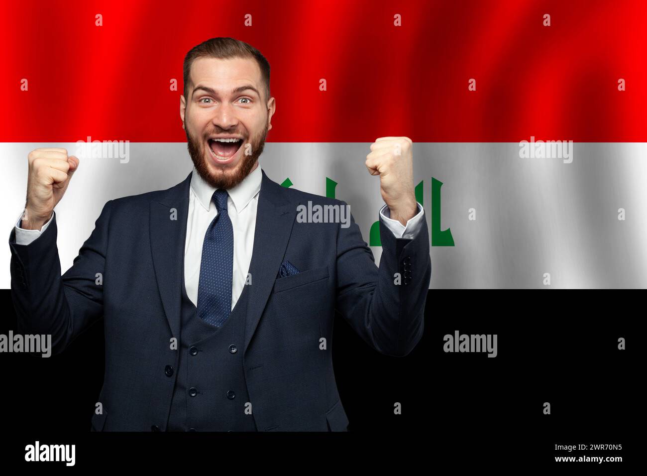 Iraqi happy businessman on the background of flag of Iraq Business ...