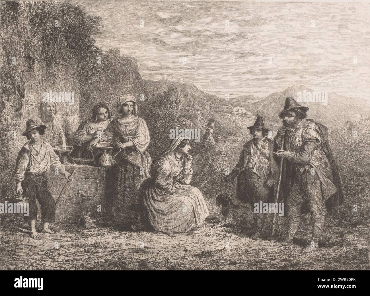 Traveling musicians at a water source in the landscape, print maker ...