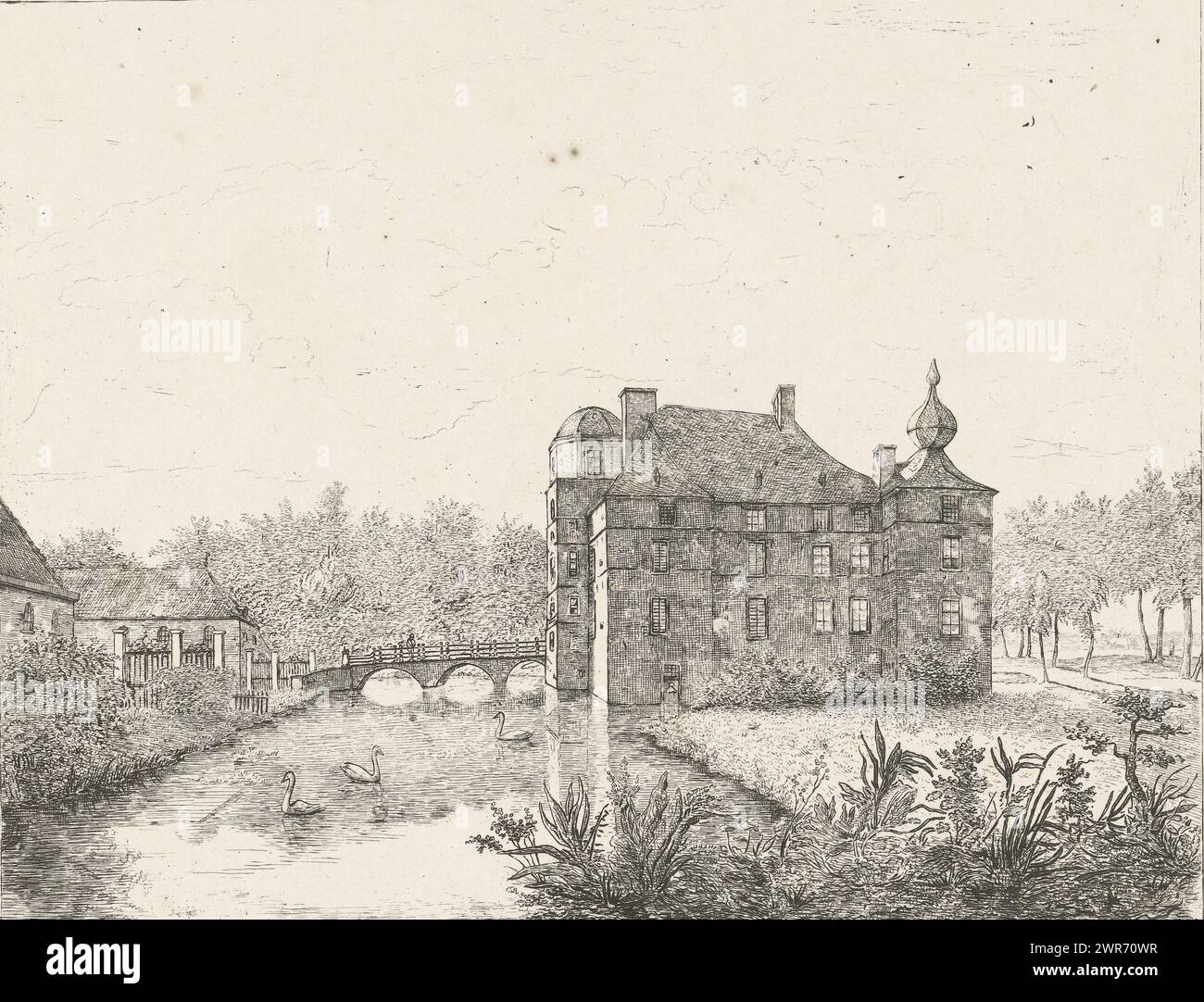 Side view of De Cannenburch Castle with houses near the access bridge ...