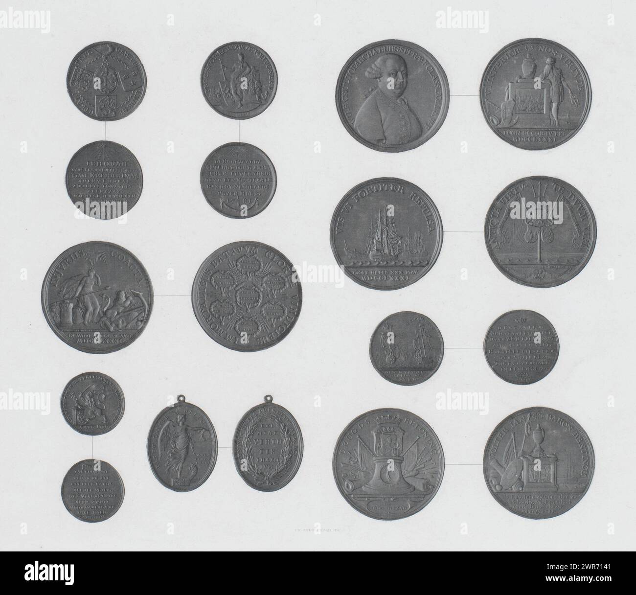 Various coins and commemorative medals. The front and back of each coin ...