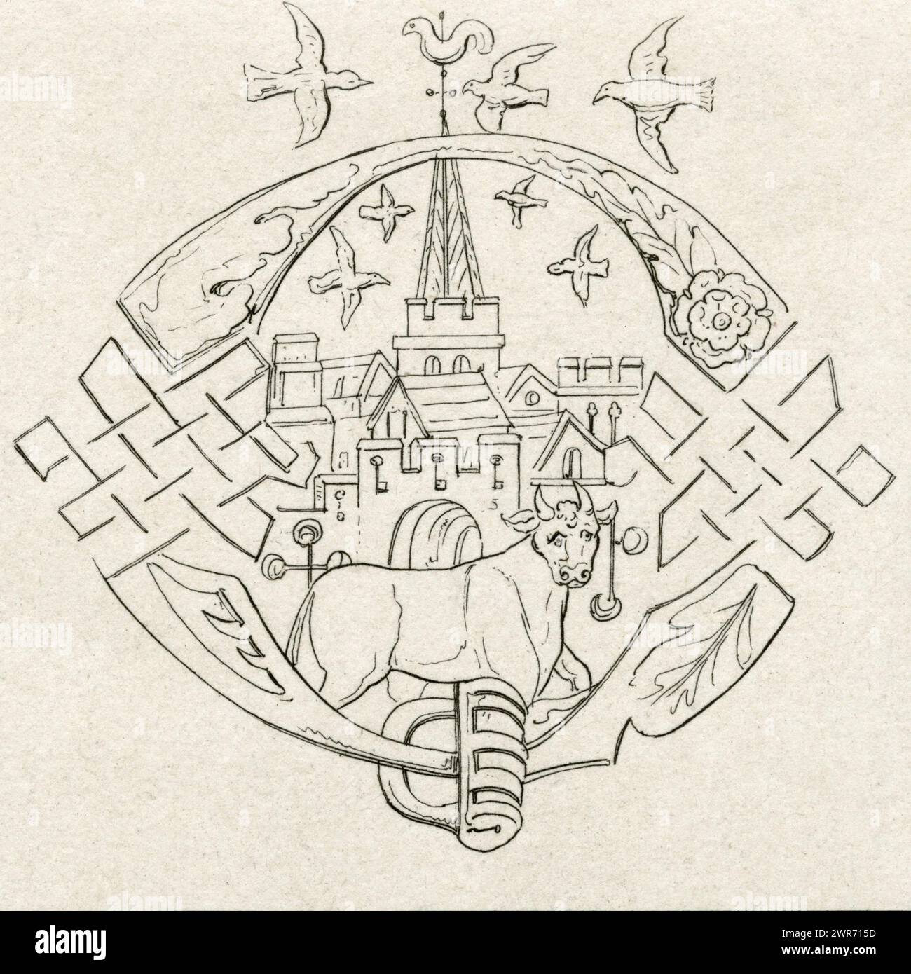 Heraldic arms of Osney Abbey, Oxford, England, which feature an ox ...