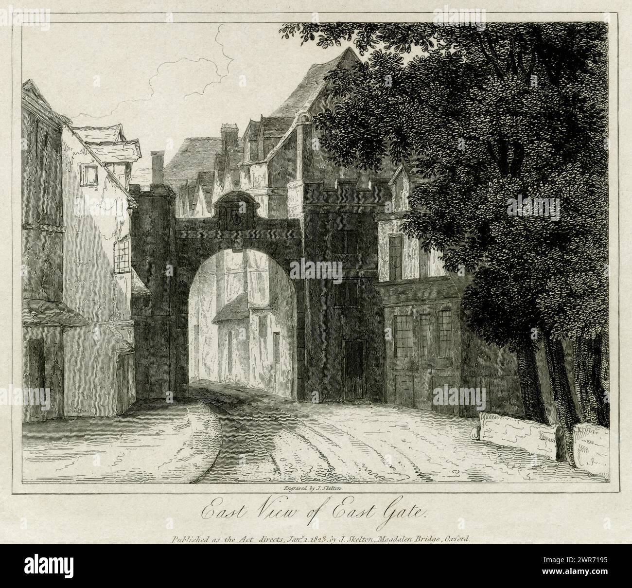 High Street in Oxford, England, spanned by the city’s East Gate. This ...