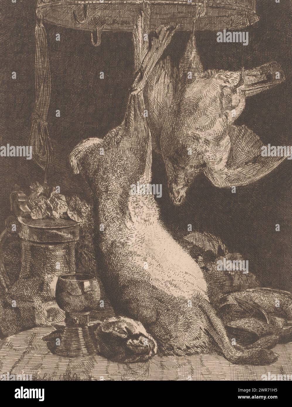 Still life with a hare and partridge on a game crown, print maker: Paul ...