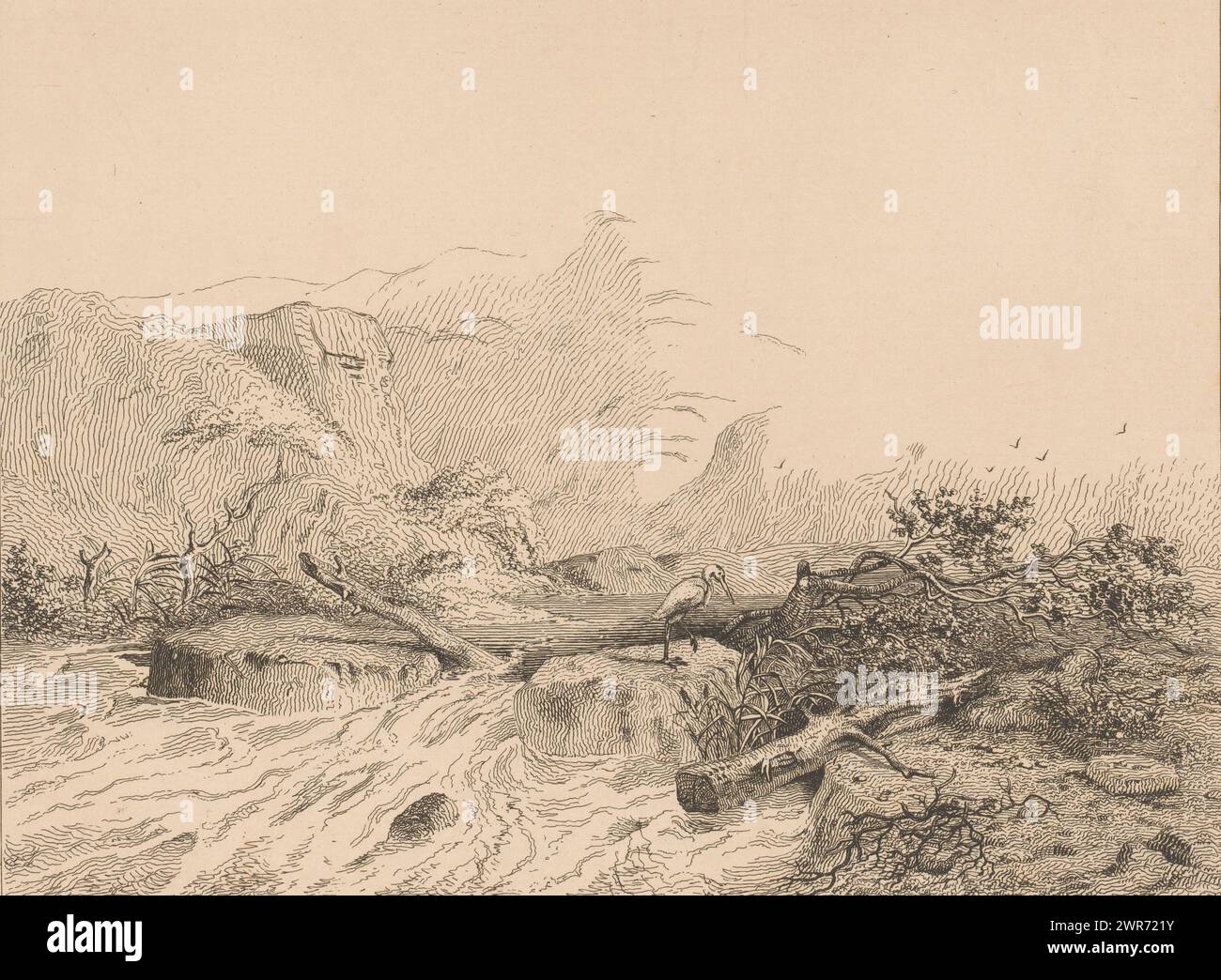 Rocky landscape with river and heron, print maker: Jean Théodore Joseph ...