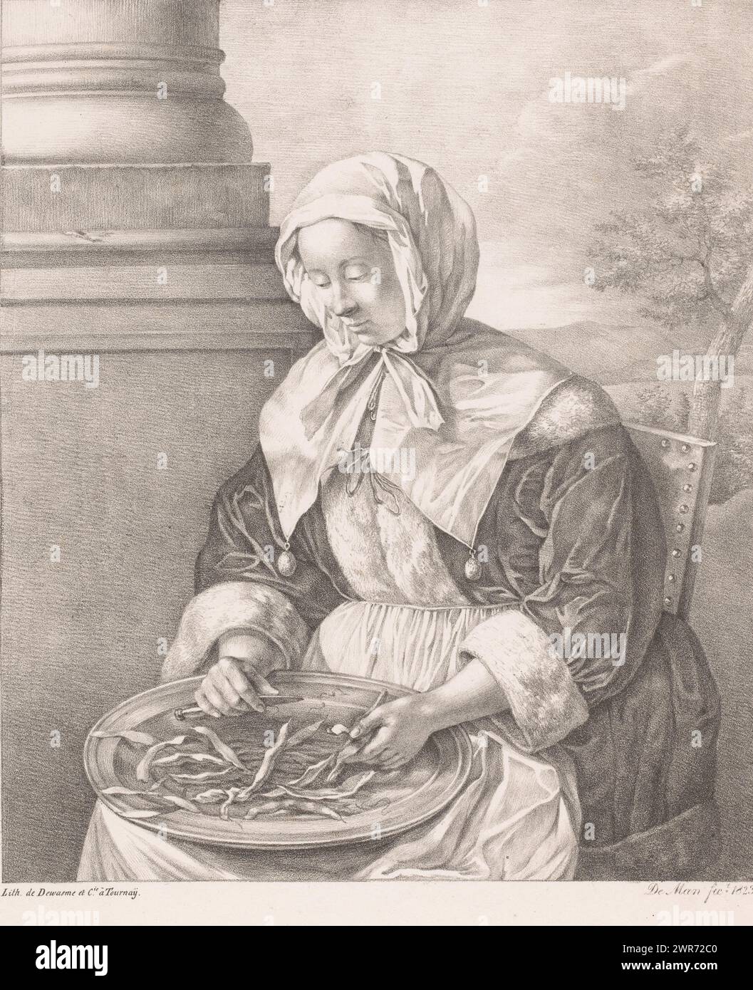 Woman cutting beans. The woman is sitting outside next to the base of a ...