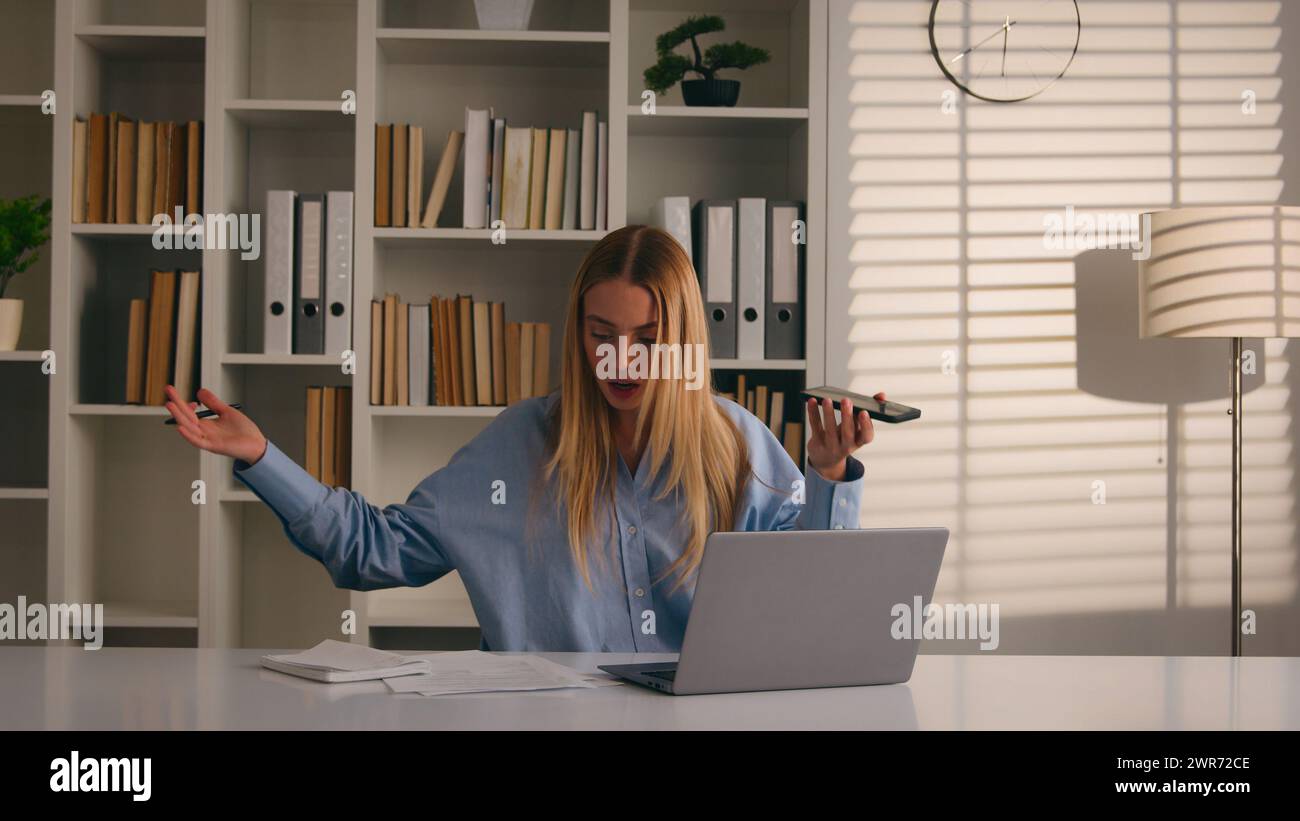 Furious angry mad Caucasian business woman student girl home office ...