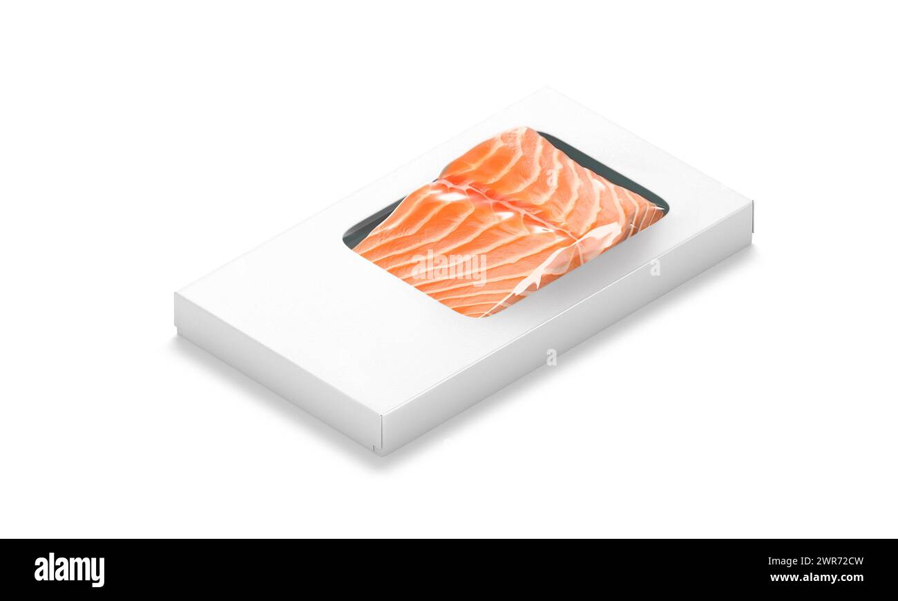 Blank white box pack with salmon mockup, side view, 3d rendering. Empty ...