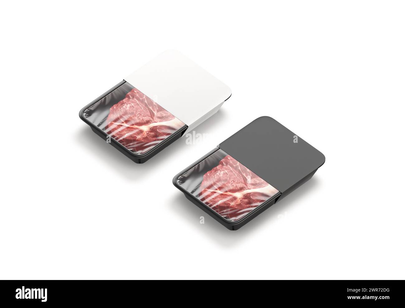 Blank plastic beef tray with black and white label mockup, 3d rendering ...