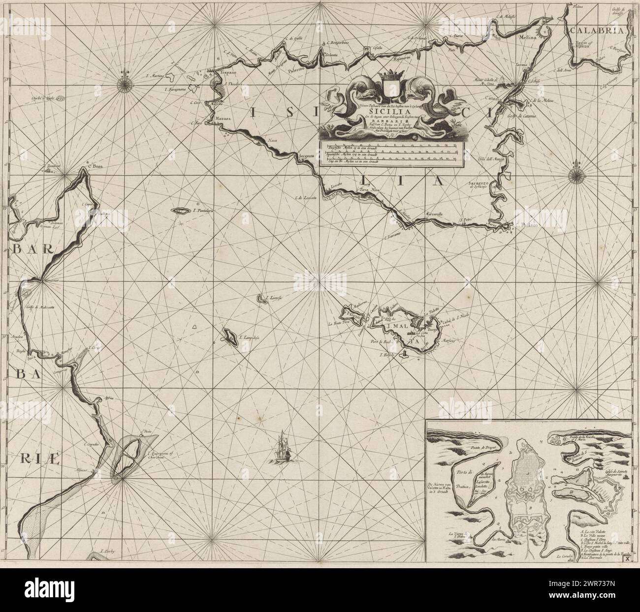 Map of the islands of Sicily and Malta and part of the coast of Tunisia ...