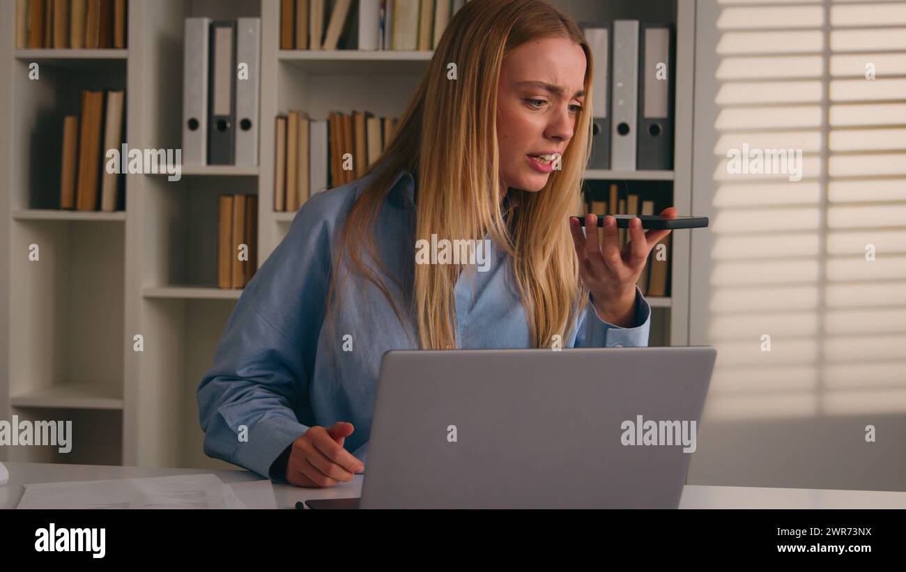 Furious angry mad Caucasian business woman student girl home office ...