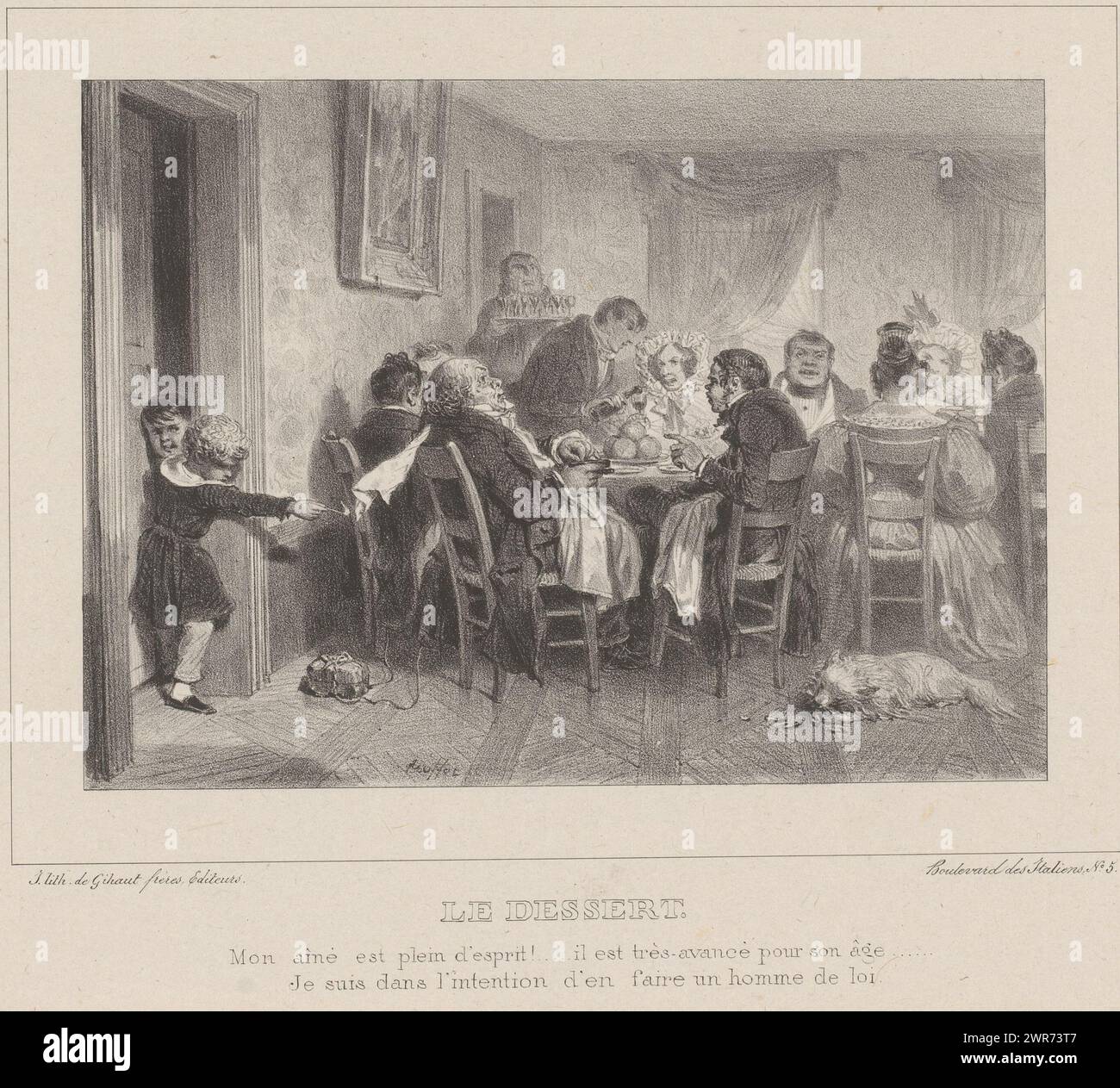 Adults at the table while two children get up to mischief, Le dessert ...