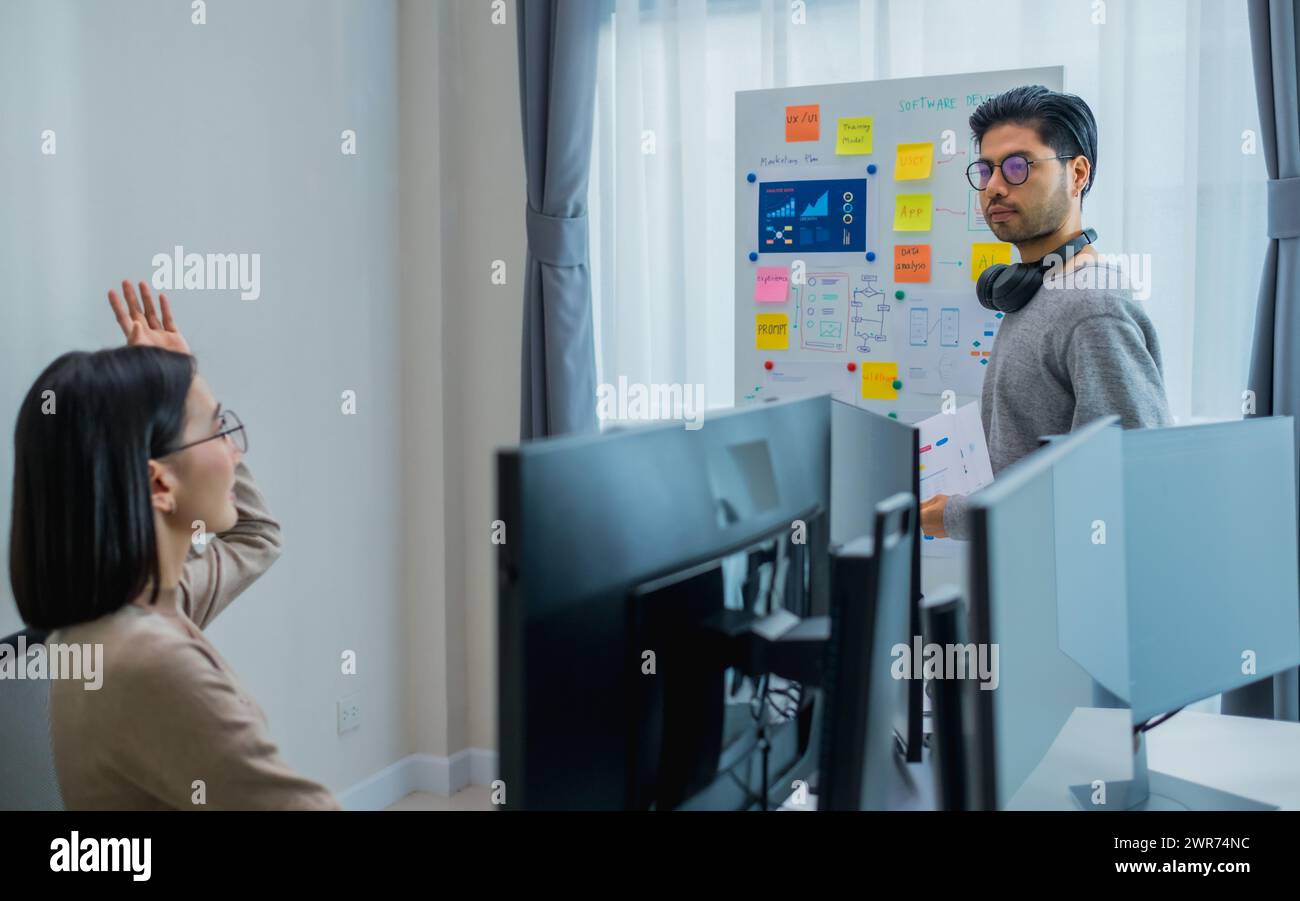 Developer ask question to team present project interface design with ...