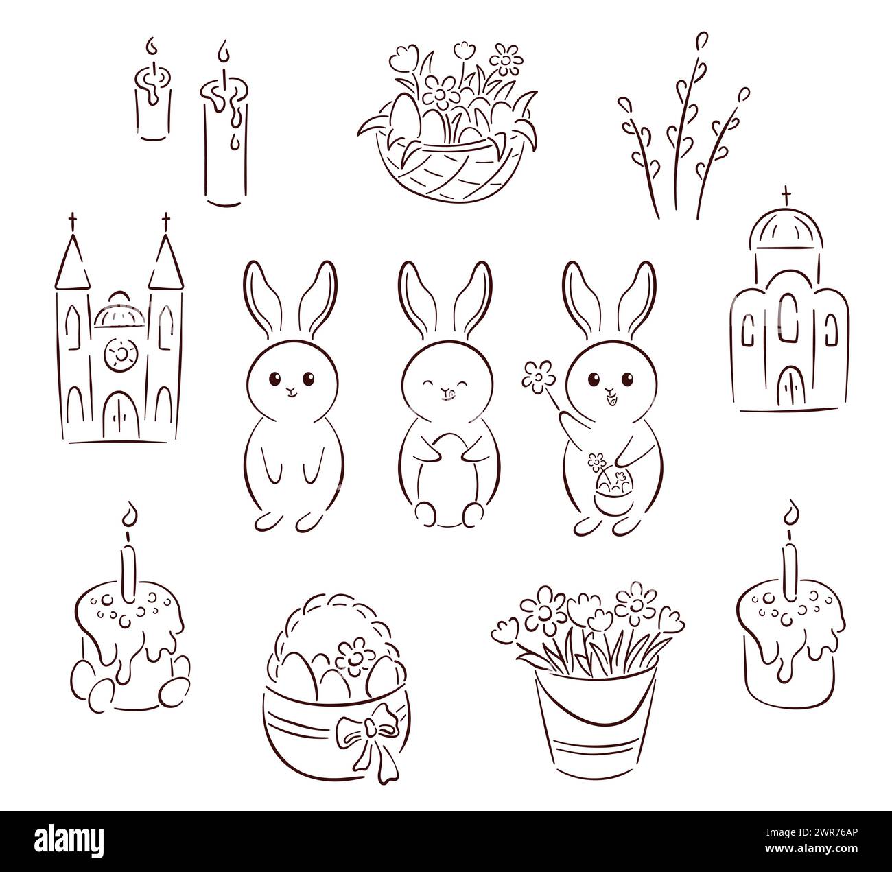 Easter line art spring collection. Outline set with Bunny rabbit ...