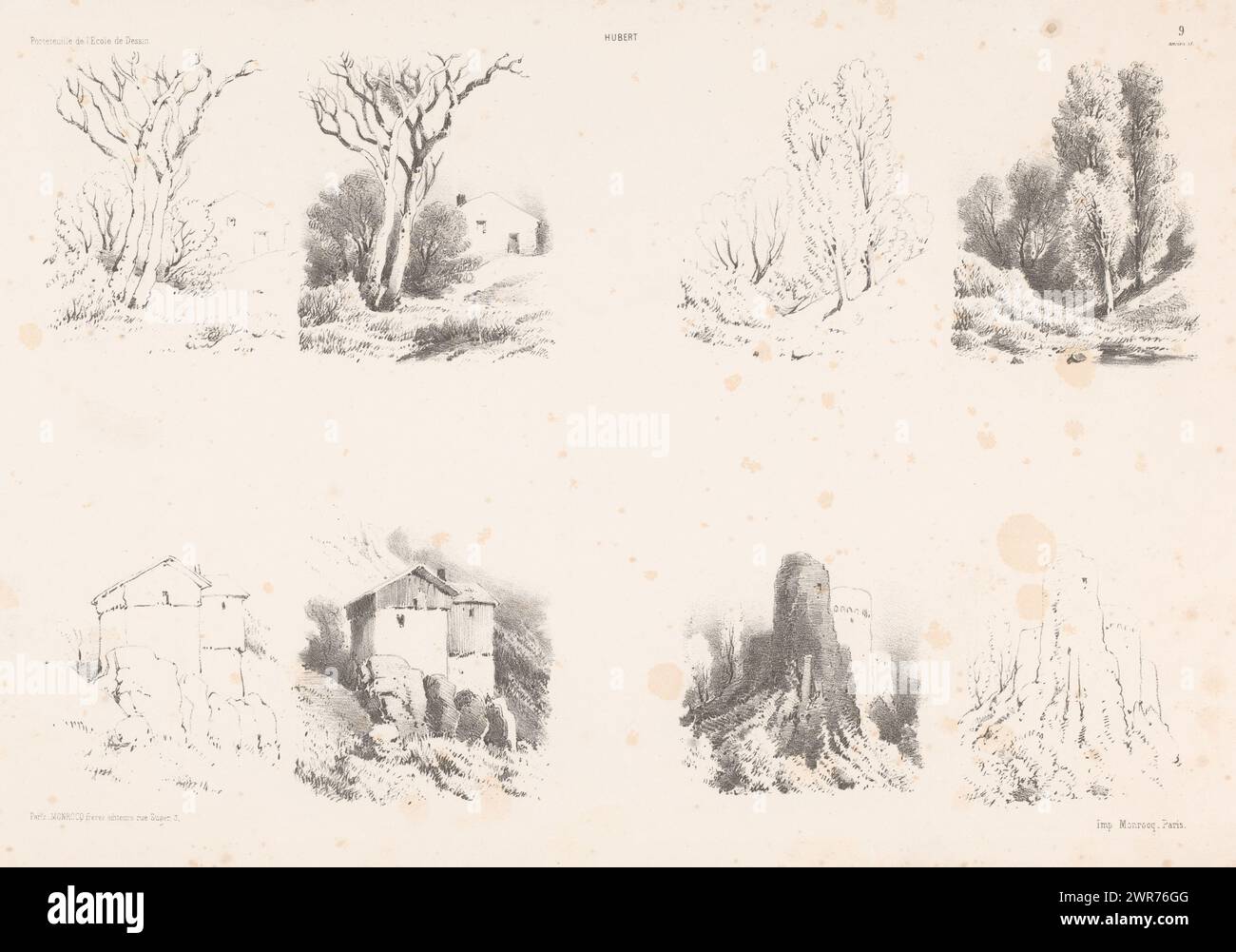 Four scenes with trees, a house and castle in two drawing steps ...
