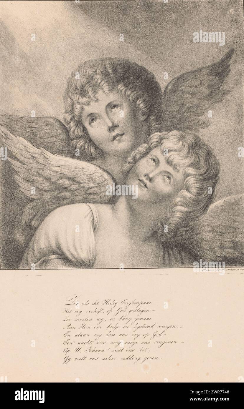 Two angels looking up, Below the image an eight-line poem., print maker ...