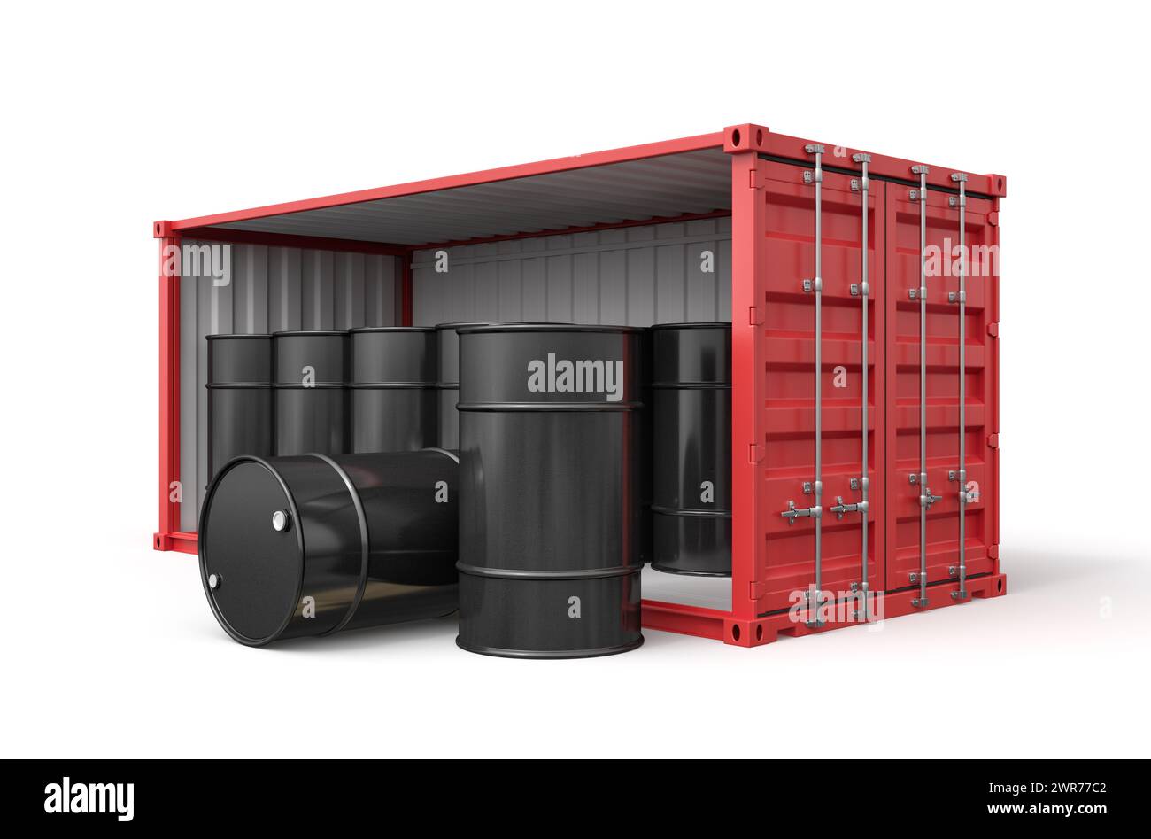 3d rendering of red shipping container filled with black fuel barrels ...