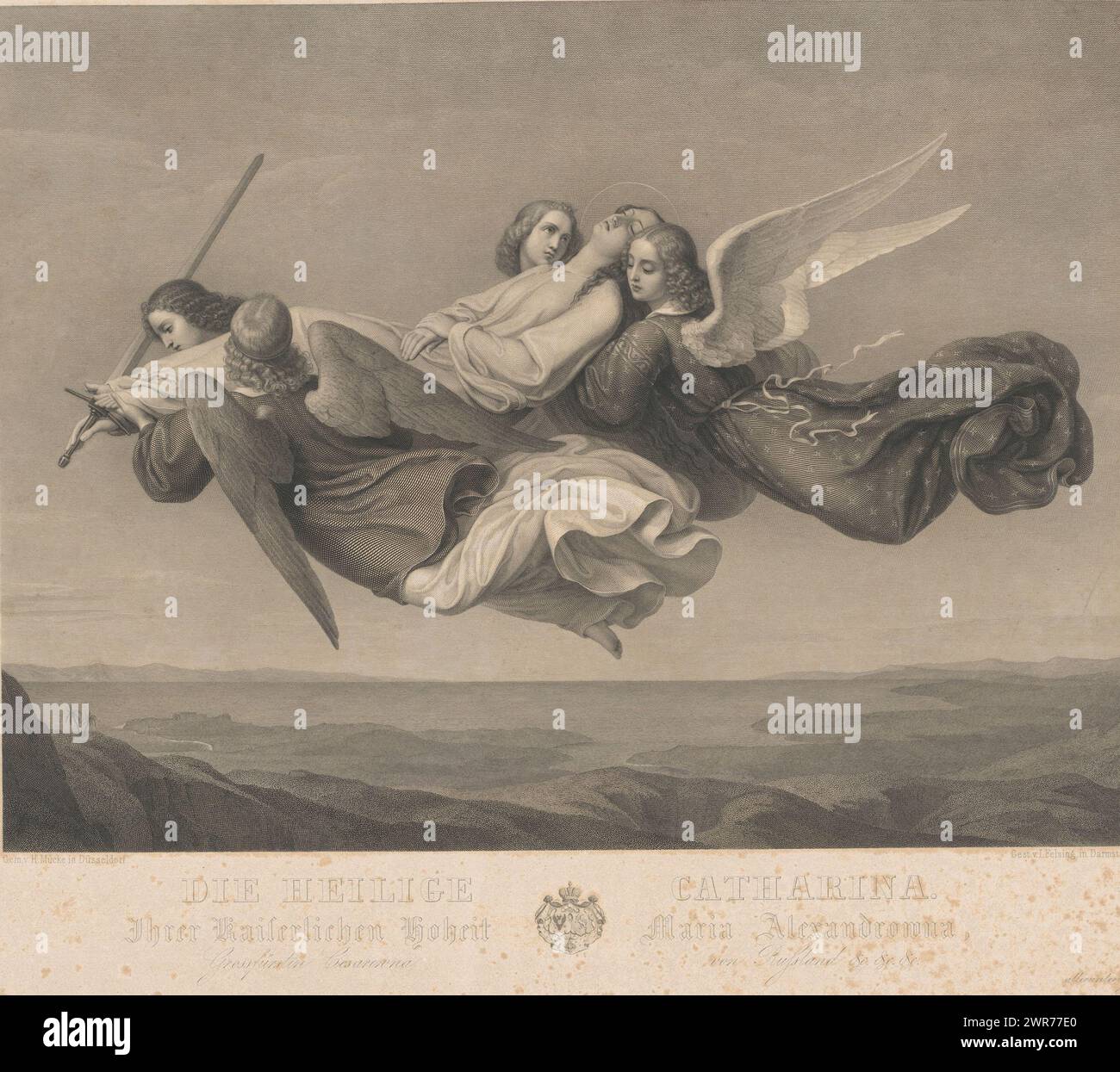 Saint Catherine of Alexandria carried to heaven by angels, print maker ...