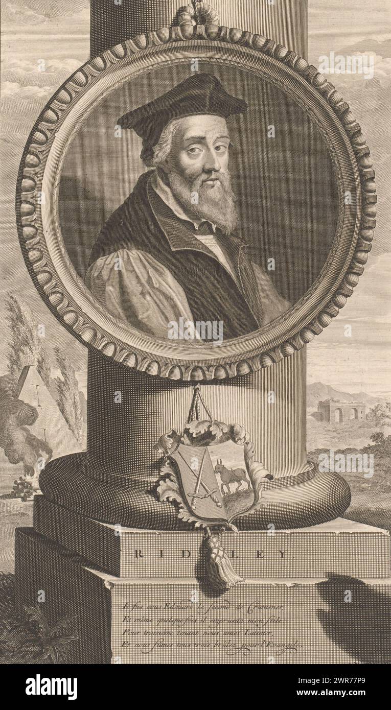 Portrait of Nicolas Ridley, on the left the pyre for Ridley's execution ...