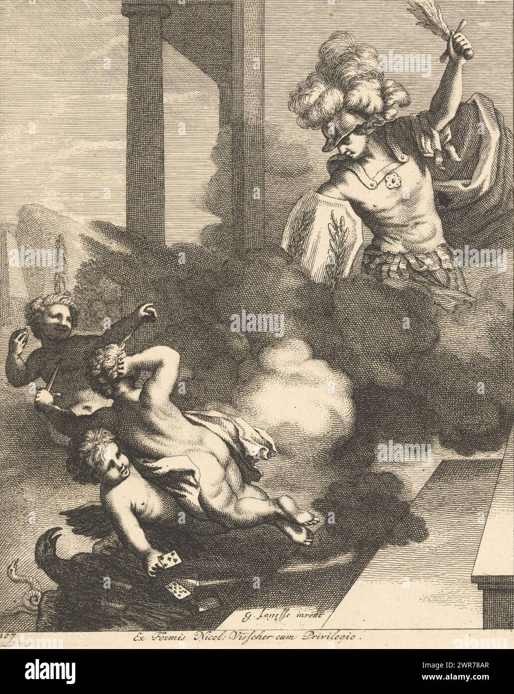 Virtue drives out vices. On the right is the personification of Virtue ...
