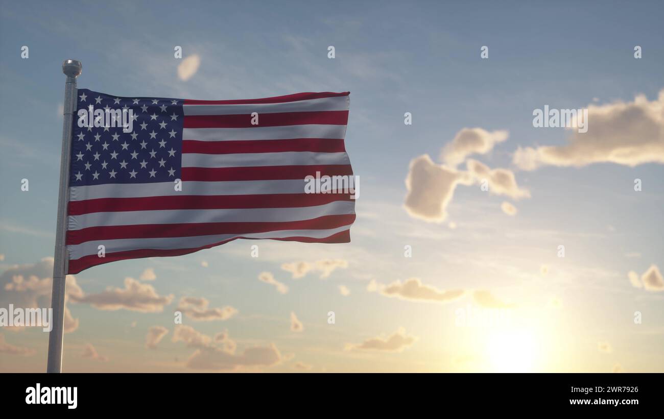 United States of America flag waving proudly in the wind with sun ...