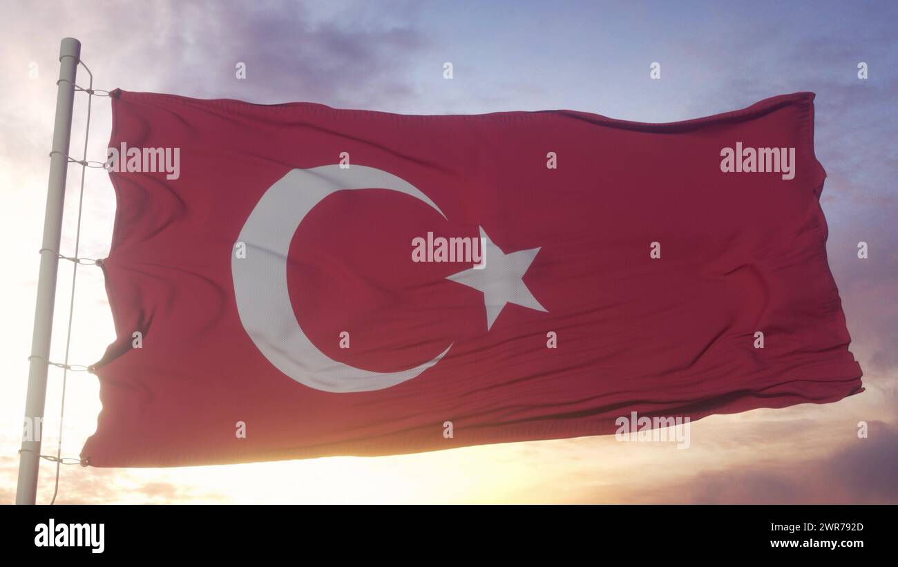 Turkey flag waving in the wind, dramatic sky background. 3d ...