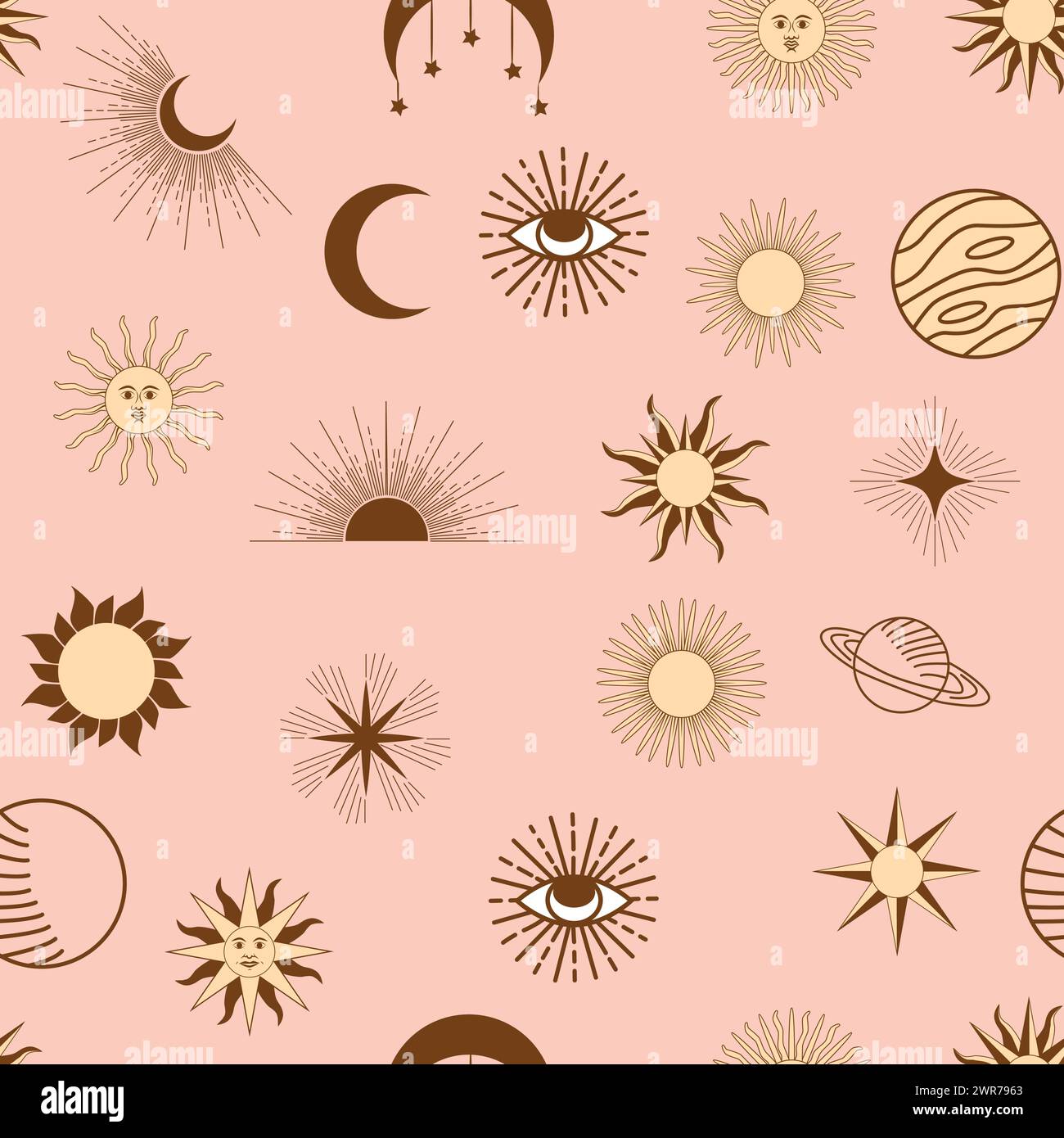 Magic seamless pattern with constellations, sun, moon, magic eyes ...