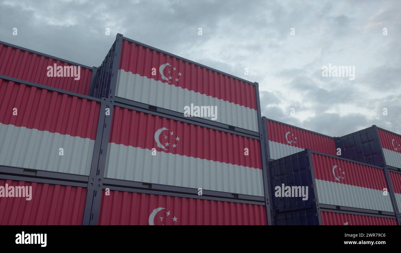 Singapore flag containers are located at the container terminal ...