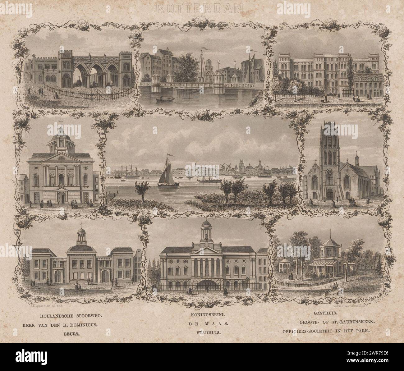 Nine buildings in Rotterdam, print maker: G. Hess, after design by: P.F ...