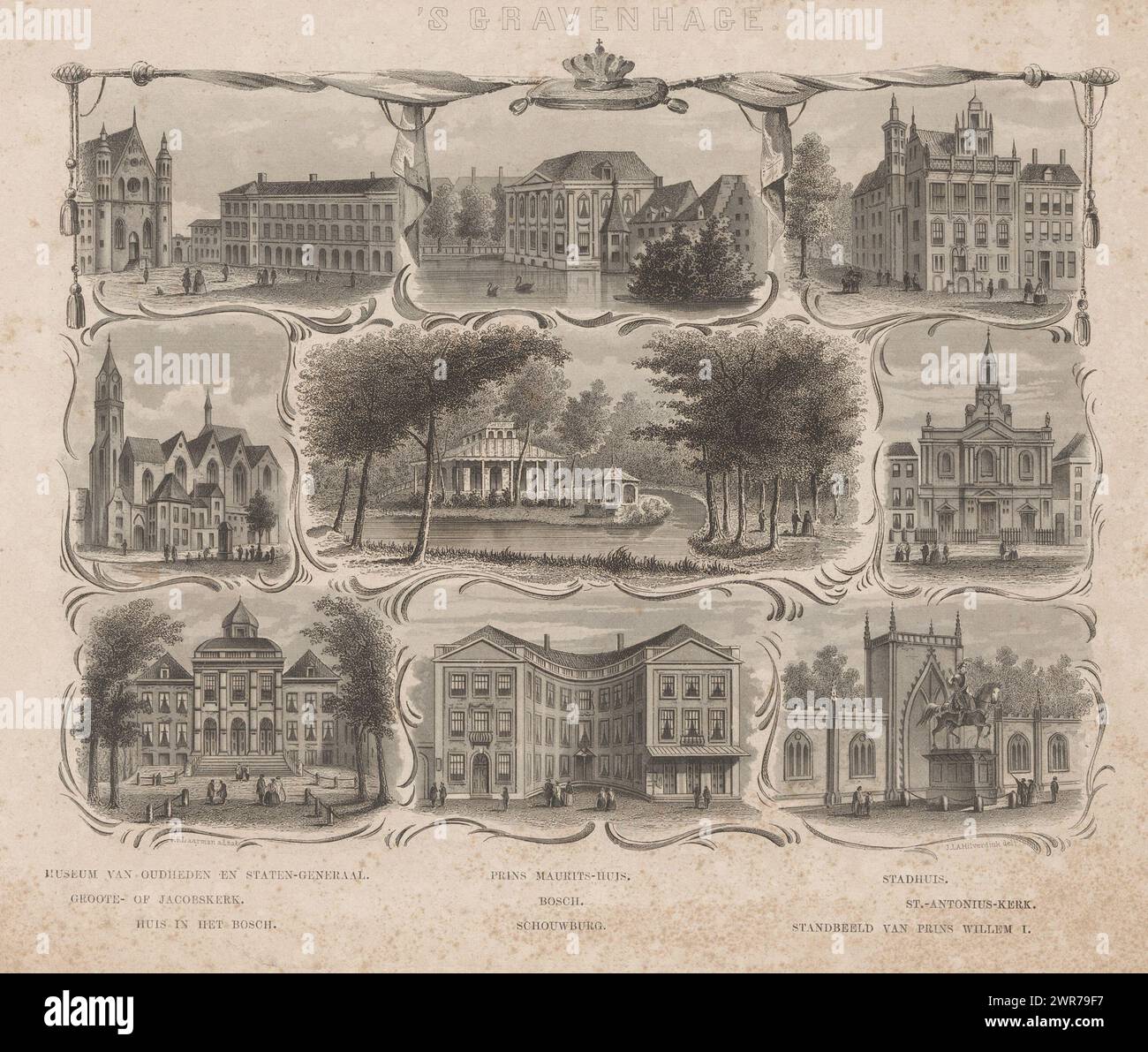 Nine buildings in The Hague, print maker: G. Hess, after design by: P.F ...