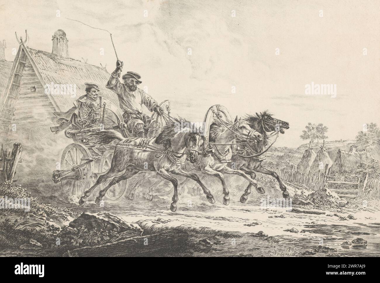 Two men in a carriage with three horses, print maker: Alexander ...