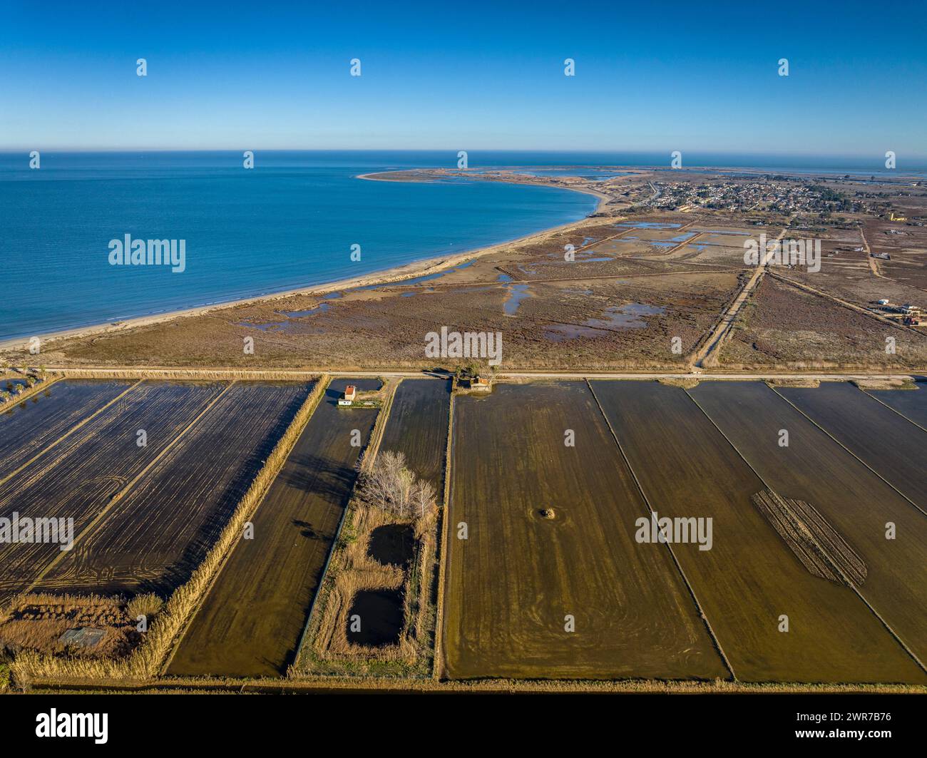 Aerial view of rice fields flooded with water on the seafront in the ...