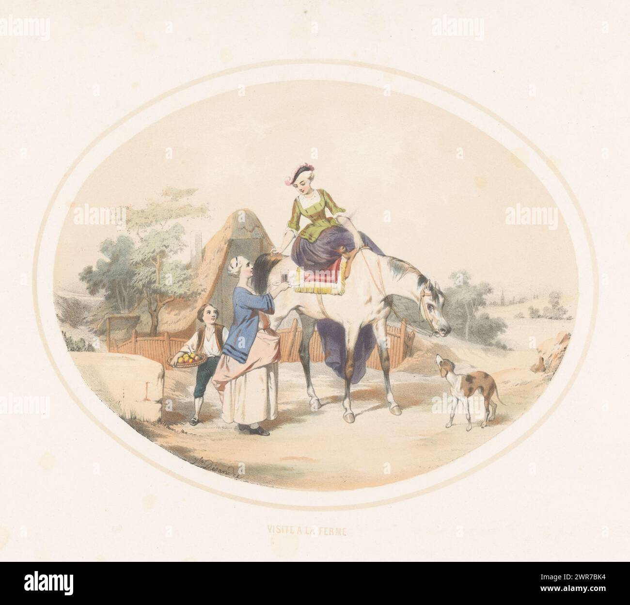 Lady on a horse visits a farm, Visite à la ferme (title on object ...