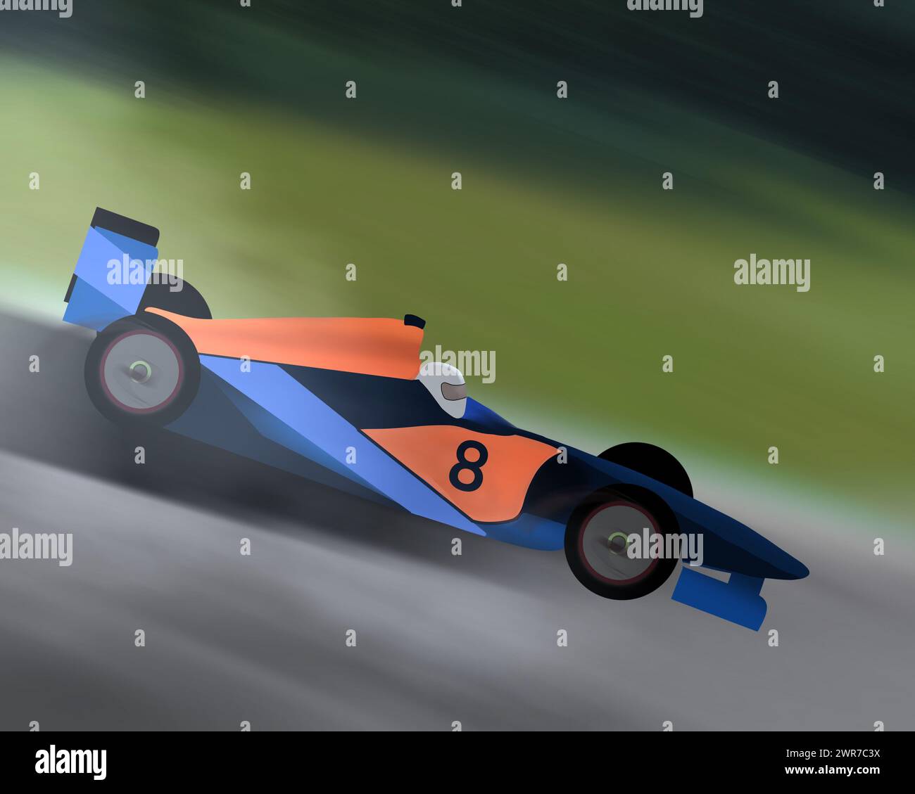 illustration of formula 1 car with number 8 in blue, orange and black ...