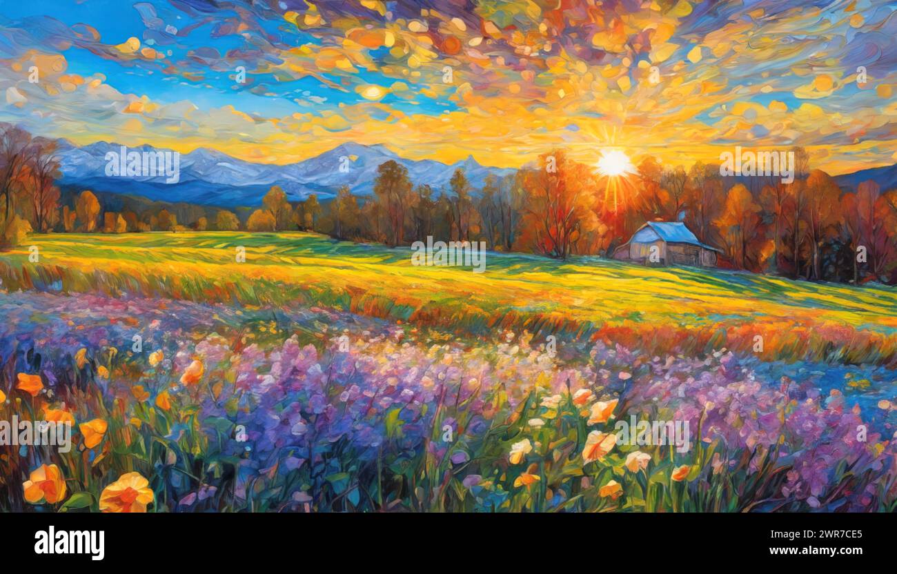 A symphony of blooms in nature's orchestra. Landscape painting of a ...