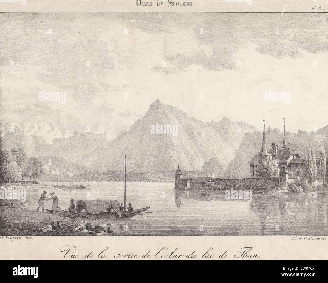 View of Lake Thun, Vue de la sortie de l'Aar du lac de Thun (title on ...