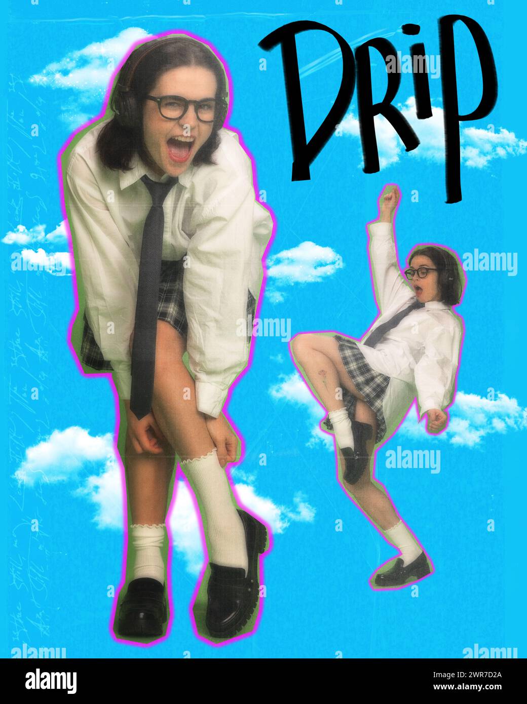 Young girl in school uniform style clothes listening to music in ...