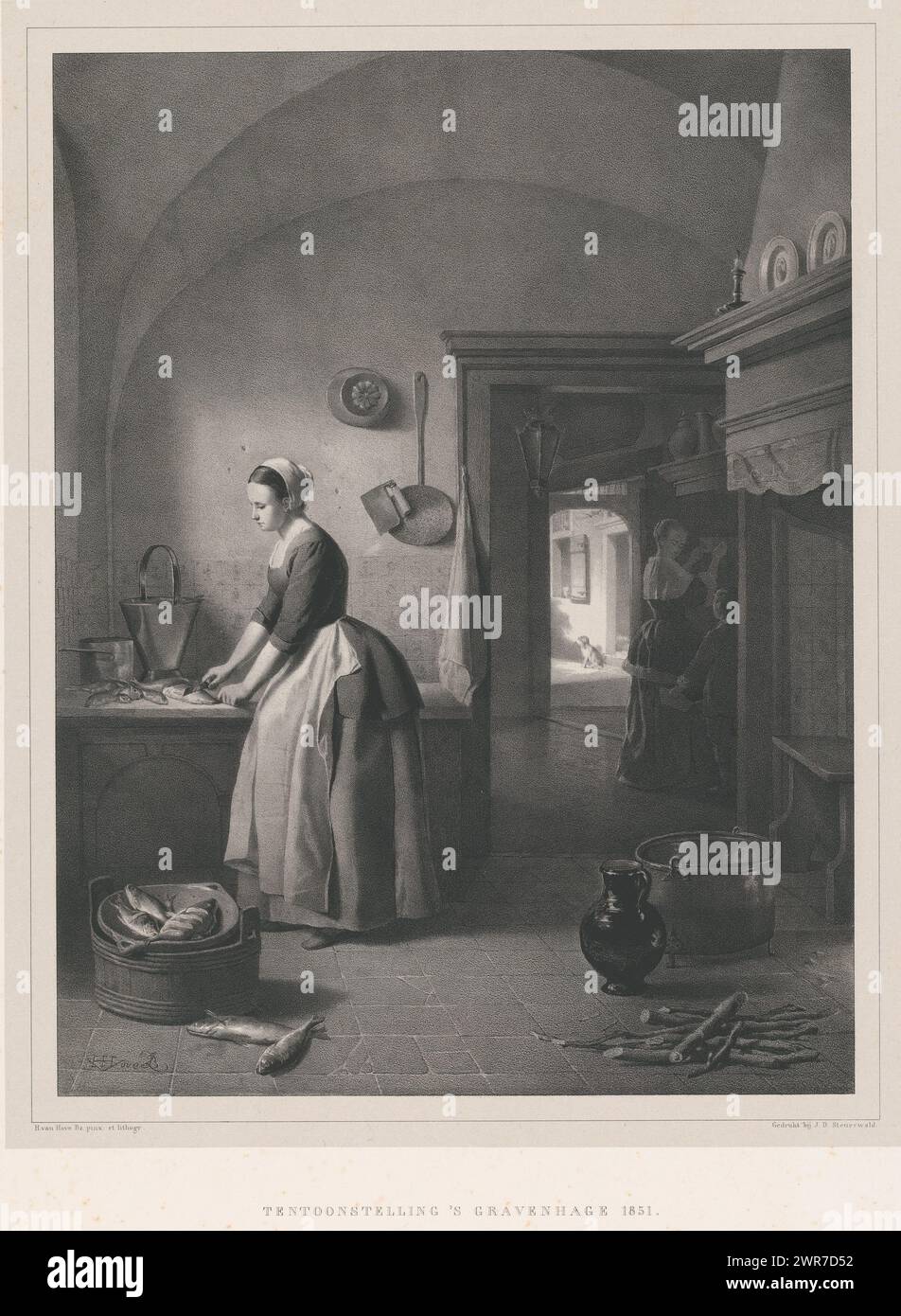 Kitchen maid cleaning fish, Exhibition The Hague 1851 (title on object ...
