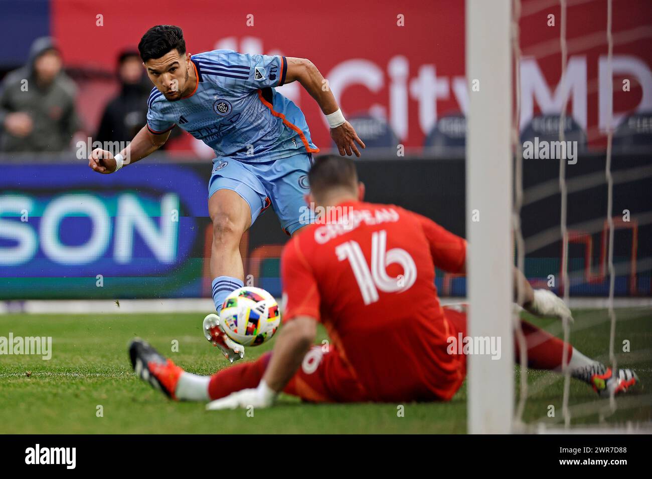 New York City FC forward Monsef Bakrar (9) takes a shot at Portland ...