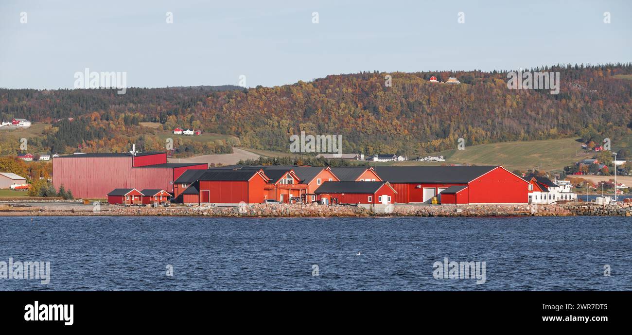 Coastal Norwegian landscape with red wooden barns, panoramic photo ...