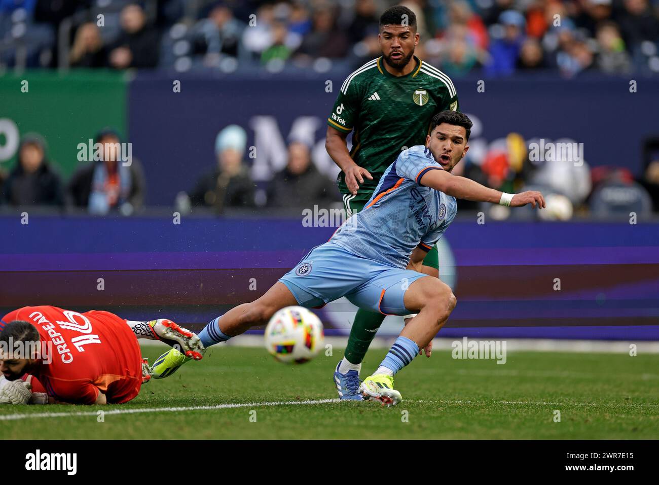 New York City FC forward Monsef Bakrar (9) shoots wide past Portland ...