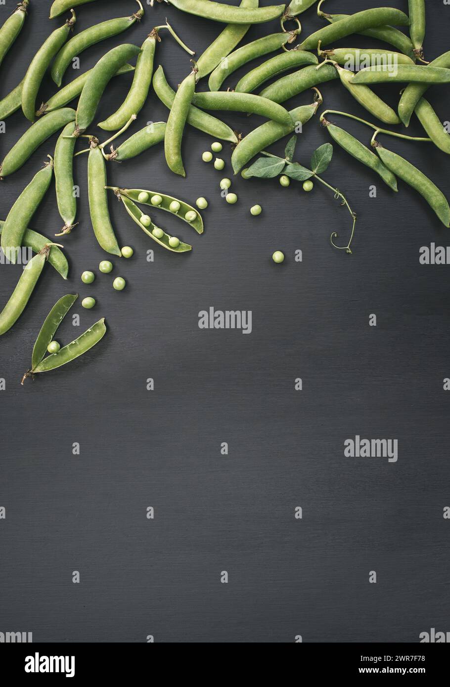 Sweet green peas (beans) with green leaves and flower. Top view. Pods ...