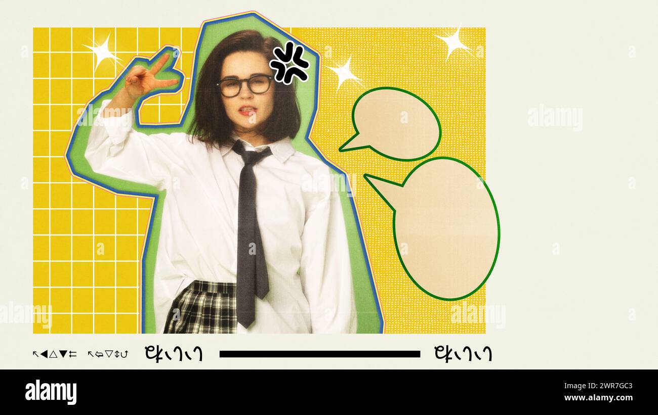 Young woman in glasses making peace sign with speech bubbles and a pop ...