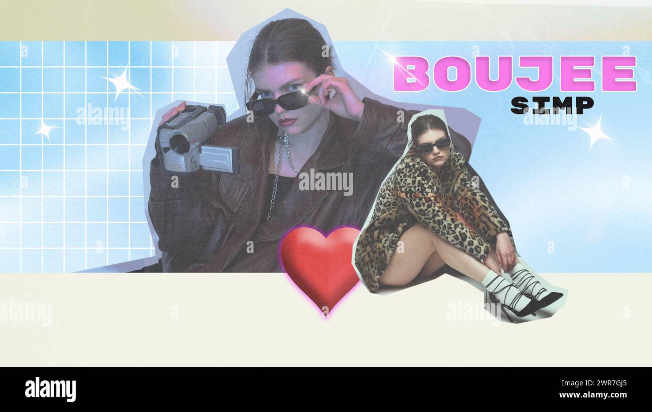 Stylish woman with vintage camera and heart graphic, with 'BOUJEE SIMP ...