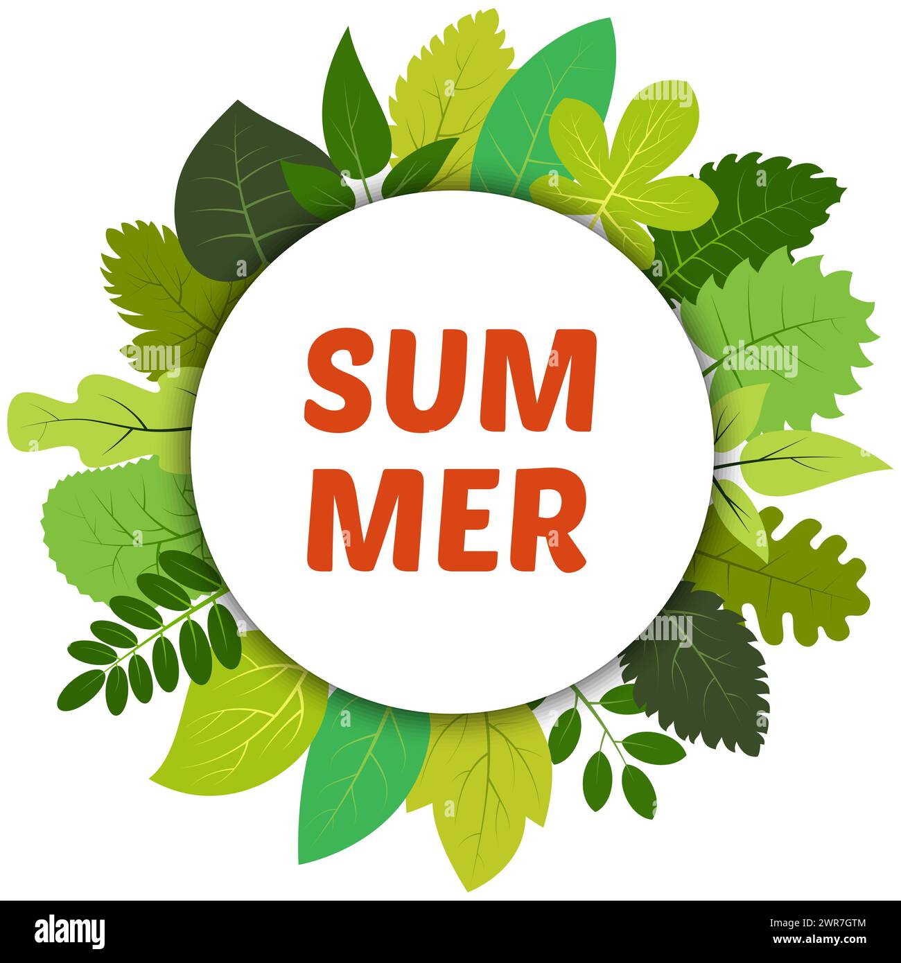 Green summer leaves under white round label and inscription summer ...