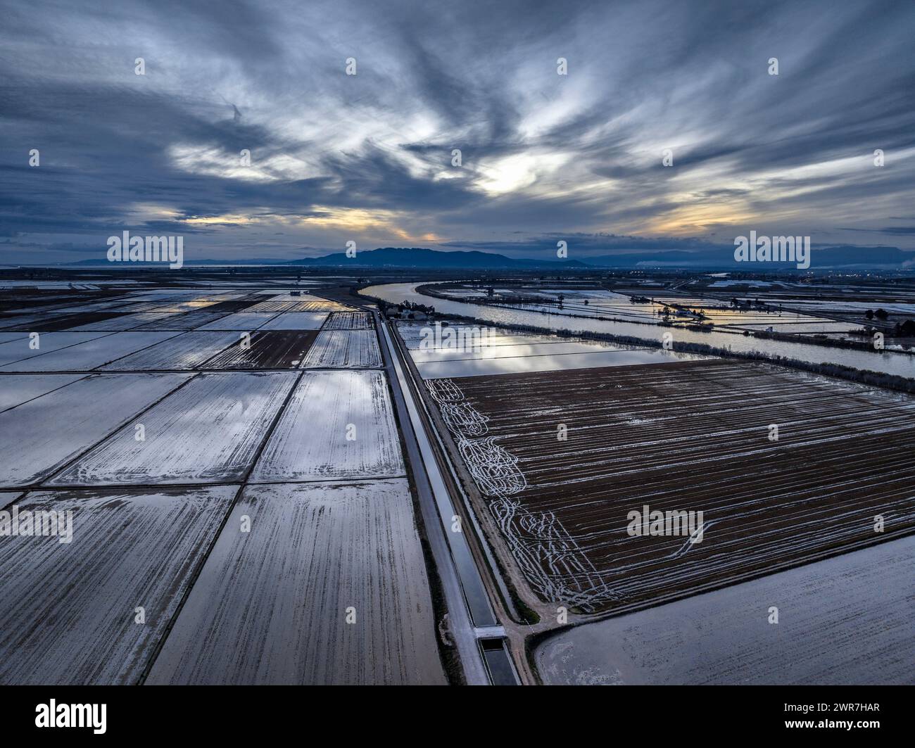 Aerial view of the rice fields of the Ebro Delta covered with water on ...