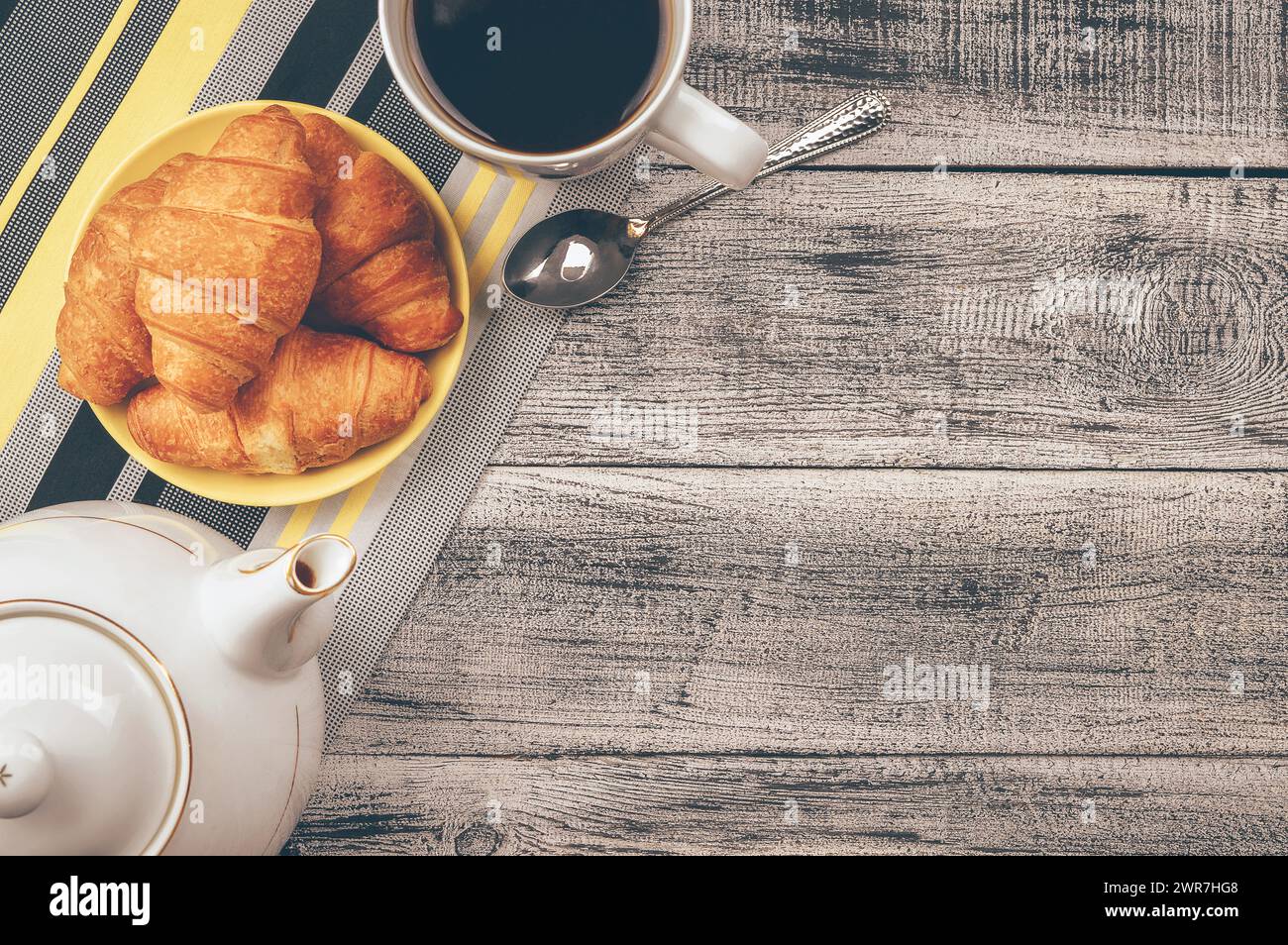 Coffee with croissants. Breakfast. Break. Fresh bakery. Homemade whole ...