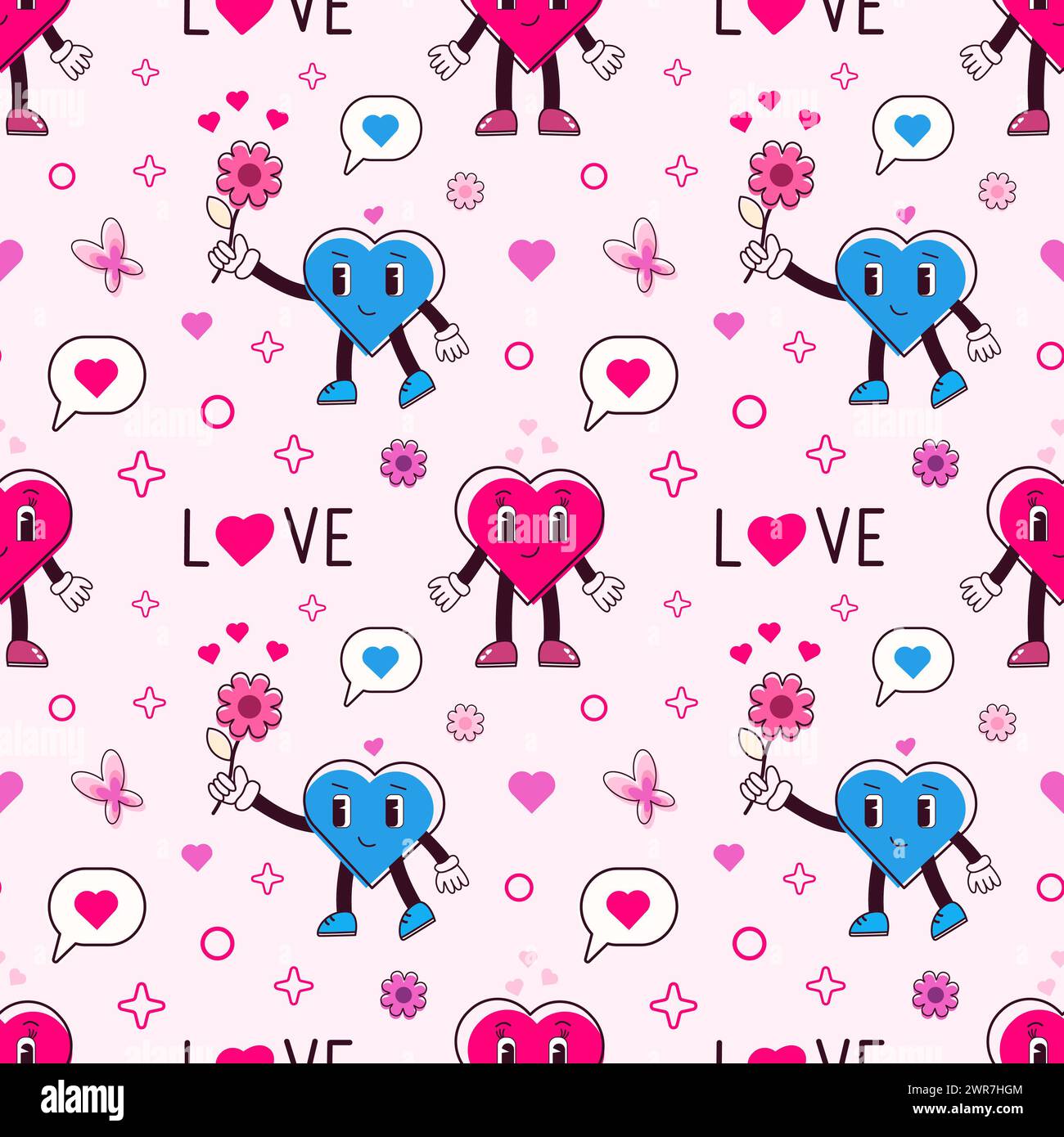 Seamless pattern with retro groovy pink and blue hearts characters ...