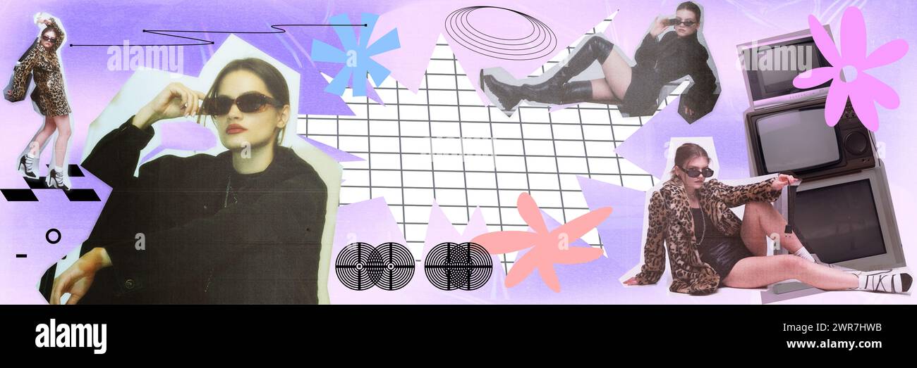 Collage of fashionable women in different poses with abstract shapes ...