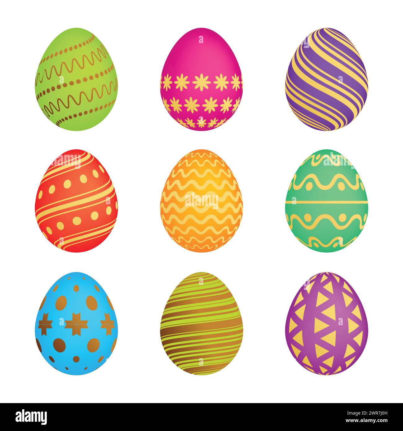 Set of Nine Easter eggs with different colorful texture on a white ...