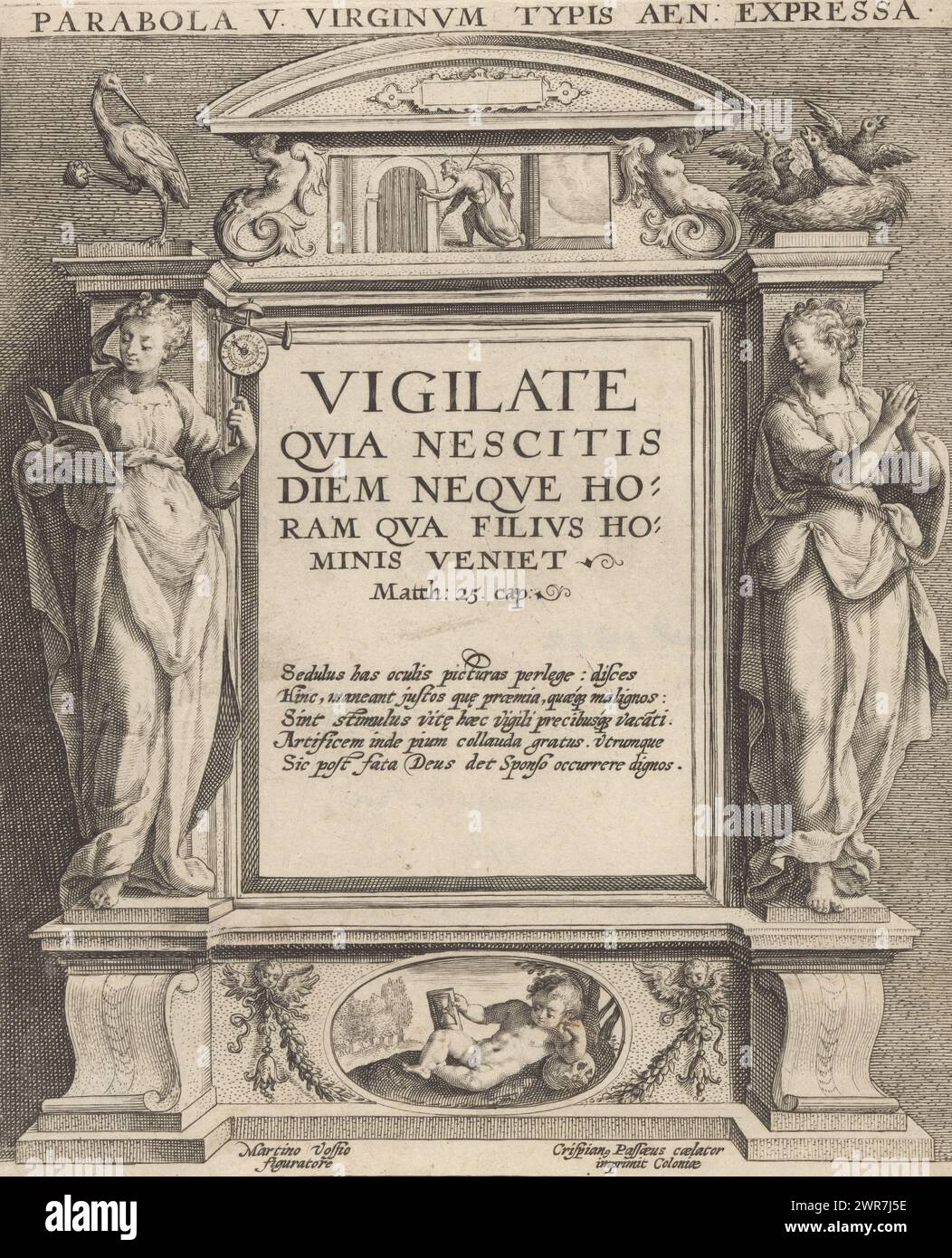 Ornamental frame with two female personifications, Parable of the five ...